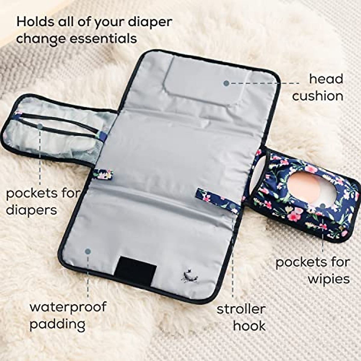 First Landings Portable Diaper Changing Pad - Convenient Travel Changing Pad and Wipe Holder - Portable Changing Pad - Navy