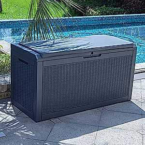 YITAHOME 100 Gallon Large Resin Deck Box Outdoor Storage with Cushion for Patio Furniture, Outdoor Cushions, Garden Tools and Pool Supplies-Waterproof,Lockable (Dark Grey)