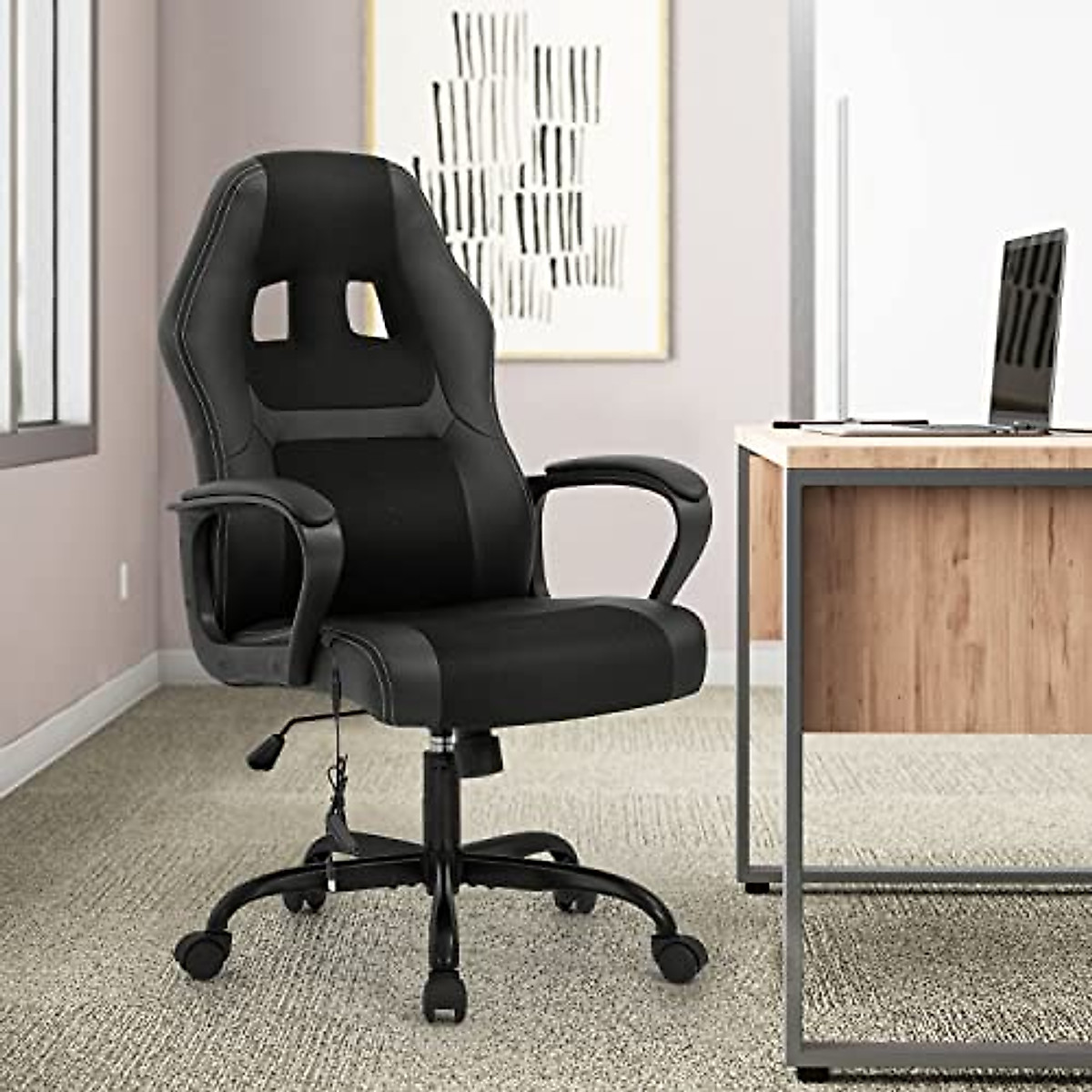 BestOffice Adjustable Massage Desk Lumbar Support Headrest Armrest Task Rolling Swivel Racing Ergonomic Office PU Leather Computer Chair, Black