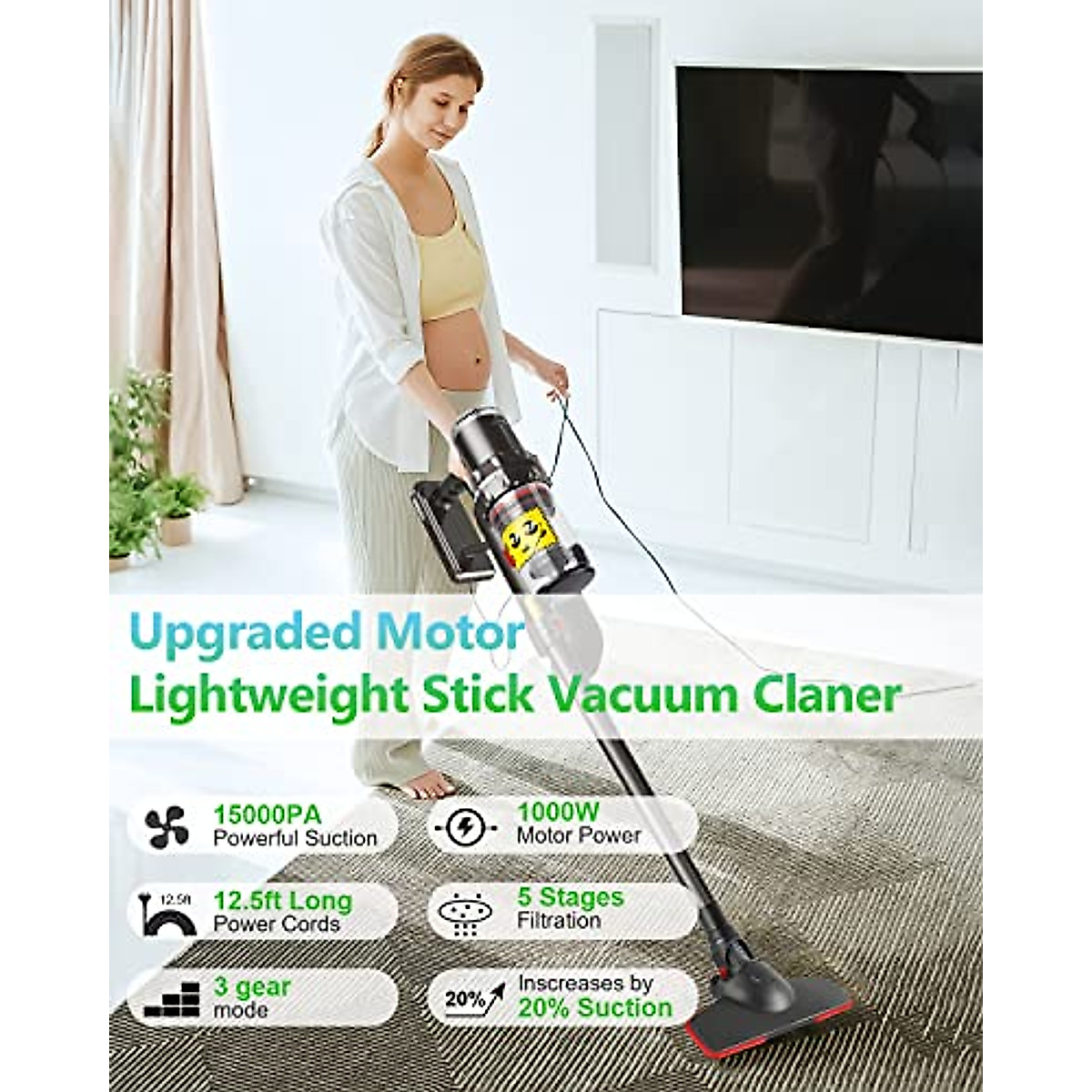 GOXIFACA Corded Stick Vacuum, 600W Powerful 20KPa Suction Vacuum Cleaner, 1.5L Dust Cup, 5 in 1 Lightweight Household Stick Vaccum for Hardwood Floor Carpet and Pet Hair