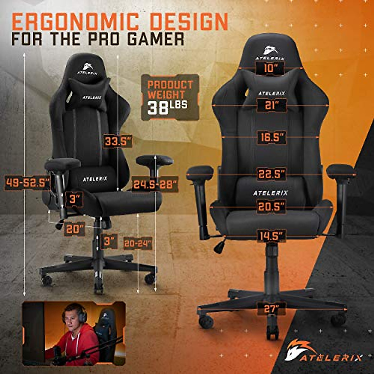 Atelerix Ventris Noir Gaming Chair - Use as Desk, Office or Computer - Tilting Mechanism and Ergonomic Adjustable Swivel Game Chair w/ 4D Armrests & Armrest Covers, Headrest and Lumbar Support