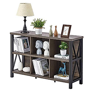FATORRI Rustic 6 Cube Storage Organizer with Shelf, Wood and Metal Cubby Bookcase, Industrial Horizontal Bookshelf (Walnut Brown, 47 Inch)