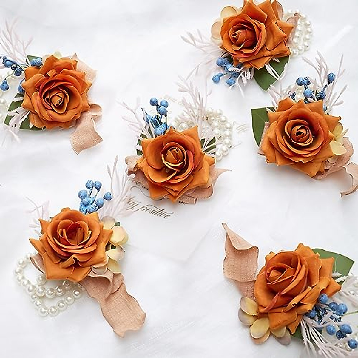 AJOYEGG Wrist Corsage Wristlet Band Bracelet: Set of 6 Corsage Flower for Women Bride Bridesmaid Wedding Prom(Burnt Orange)