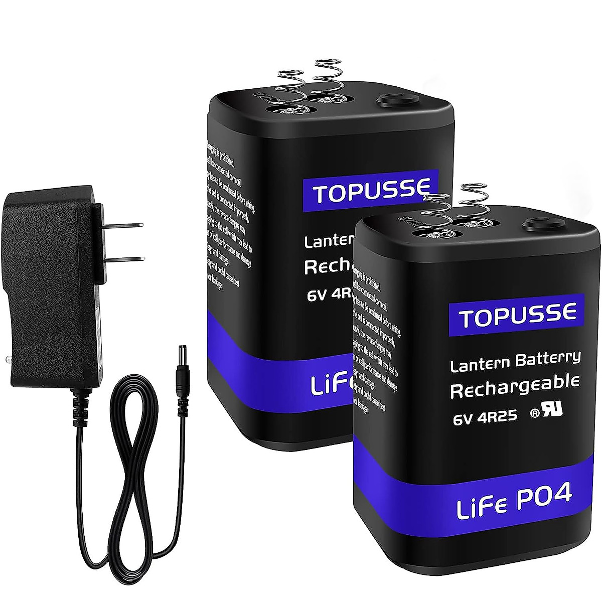 TOPUSSE Rechargeable 6 Volt 4.5AH LiFePO4 Lantern Battery with Charger 1500+ Cycles, 6V Batteries Battery with BMS (Spring Terminals) 2 Pack