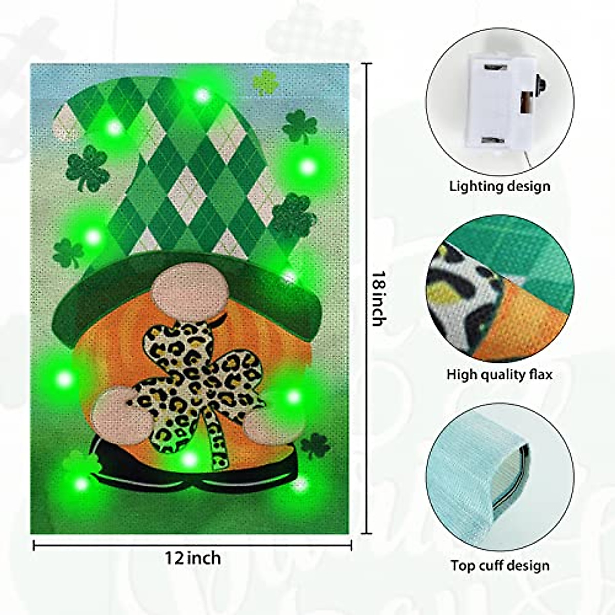 St Patrick's Day Garden Flag with Green Led Lights Good Shamrock Luck Truck Gnome 12 X 18 Inch Double Sided Garden Flag Durable Burlap Shamrock Garden Flag for Lawn Party Outdoor Decorations (Gnome-3)