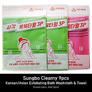 9pcs Genuine Korean/Asian Exfoliating Bath Washcloth, Skin Massage (Green 6pcs, Red 3pcs) Genuine Korean Italy Towel, Removing Dry, Dead Skin Cells, Cleaning Pores, Reusable