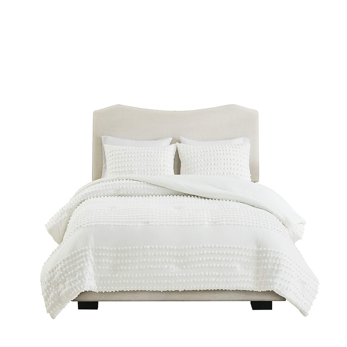 Comfort Spaces Cotton Comforter Set Jacquard Pom-Pom Tufts Design, Down Alternative, All Season Modern Bedding, Matching Shams, Full/Queen, Phillips, Ivory