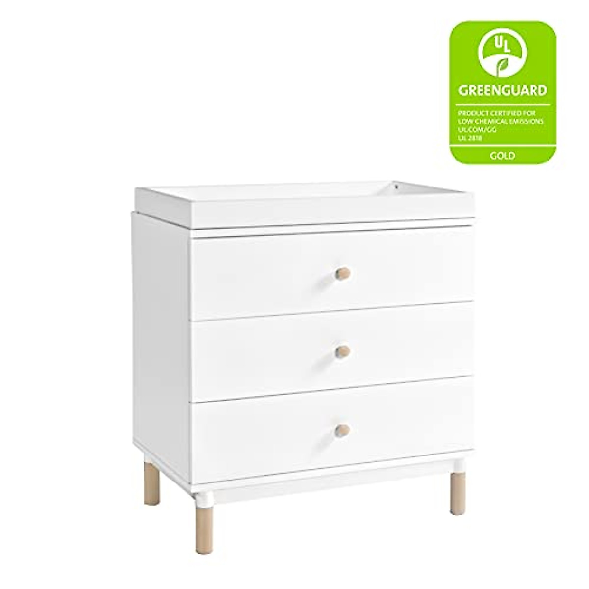 Babyletto Gelato 3-Drawer Changer Dresser with Removable Changing Tray in White and Washed Natural, Greenguard Gold Certified