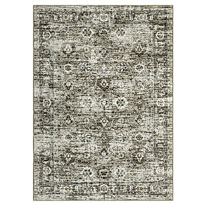 CAREMEE Washable Rug 5x7 Area Rugs for Living Room Bedroom, Vintage Non-Slip Print Distressed Thin Throw Rugs with Rubber Stain Resistant Low Pile Carpet for Kitchen Dining Room Foyer, Gray/Camel