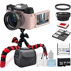 eDealz 4K 48MP Digital Camera Kit Photography Vlogging Camera for YouTube with Flip Screen, WiFi, Wide Angle & Macro Lens, 64GB Micro SD Card, 12" Flexible Tripod, Carrying Case, Card Reader (Pink)