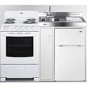 Summit Appliance ACK54COILW 54" Wide All-in-One Kitchenette with 220V 4-Element Electric Coil Range, Refrigerator-Freezer, Sink, Cutting Board and Cutlery Storage, and a Storage Cabinet