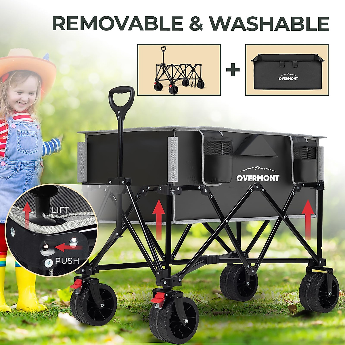 Overmont Collapsible Wagon Cart with Wheels - All-Terrain 3.2in Wide Wheels - Foldable 150L Large Capacity with Side Pockets for Camping Sports Garden Grocery Shopping - 330lbs Load