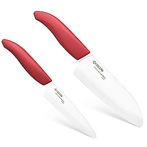 Kyocera Revolution Ceramic Kitchen Knife Set, 4.5" Utility and 5.5" Santoku, Red