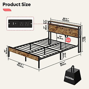 Bestier Queen Size Bed Frame with Headboard and Storage, Dual LED Platform Bed Frame with Charging Station, Non-Slip Metal Bed Frame, Noise-Free, Easy Assembly