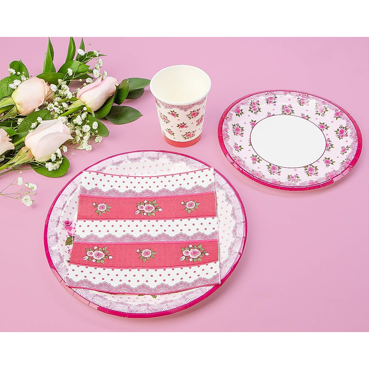 Royal Bluebonnet Paper Plates and Napkins Sets – Set of 24 – Paper Plates and Napkins and Cups, Rose Floral Tea Party Decorations, Paper Plates