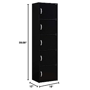 HODEDAH 5 Door Bookcase Cabinet, 5-Shelf, Black