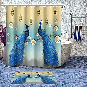 Zmcongz Peacock Shower Curtain Set with Rugs for Bathroom Decor Retro Style Blue Feather Birds Lanterns Flower Bathroom Decor Bath Curtain with Rugs Toilet Lid Cover Bath Mat, 72x72 Inch