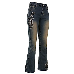 HOXIJIA Women High Waisted Wide Leg Denim Pants Y2K Patterned Baggy Flared Hem Jeans Stretch Bell Bottom Trousers (Blue-E, M)