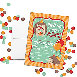 Roll On Over Cute Hedgehog Themed Birthday Party Invitations for Kids, 20 5x7 Fill In Cards with Twenty White Envelopes by AmandaCreation