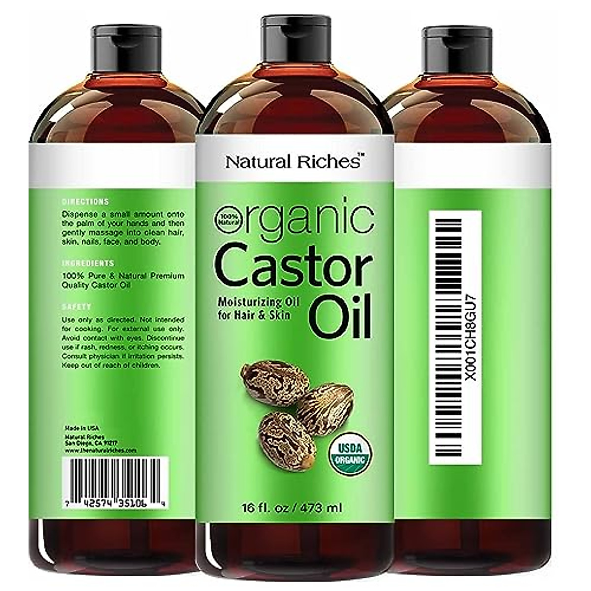 Natural Riches Organic Castor Oil Cold pressed USDA certified for Dry Skin Hair Loss Dandruff Thicker Hair - Moisturizes Skin Helps Hair growth Thicker Eyelashes Eyebrows Hexane free16 fl. oz.