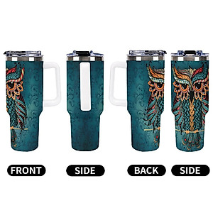 Niapessel Leak Proof Tumbler, Insulated Water Bottles with Straw, Owl Ethnic Insulated Cup with Handle 40 Oz Stainless Steel Flask for School, Travel, Car, Sports, Work