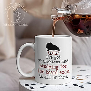 Gift for Med School Student Taking the Boards, 99 Problems and Studying for the Board Exam is All of Them White/LtBlue Handle 11oz