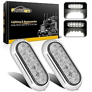 Partsam 2x 6 Oval White Led Trailer Lights 10 LED Clear Lens Oblong Led Trailer Truck Reverse Backup Light Flange Mount Stop Turn Tail Lights w/Chrome Bezels Waterproof Surface Mount 12V