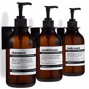 MaisoNovo Shampoo and Conditioner Dispenser - Shower Soap Dispenser Wall Mounted - 16.9 fl oz Set of 3 Amber Plastic Bottles Black Pump - 3 Chamber No Drill