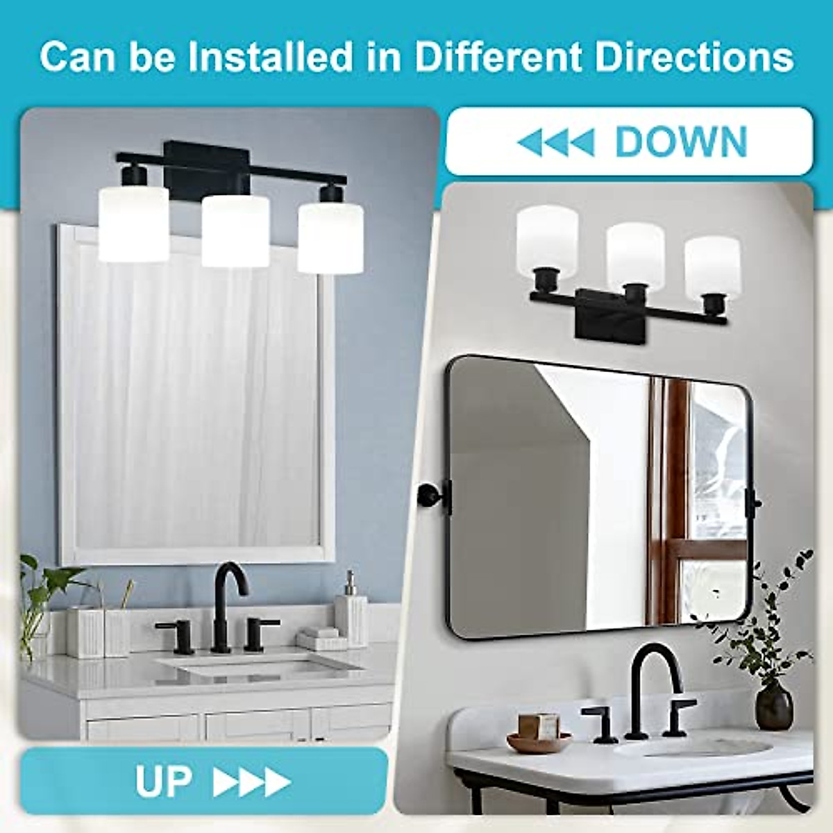 Dekang 3-Light Bathroom Vanity Light Fixtures Over Mirror, Modern Anti-Rust Black Wall Sconces for Bedroom, Living Room, Decor Milky White Glass Shades, E26 Standard Base, Bulbs Not Included