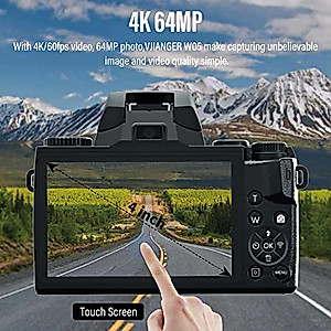 Digital Camera for Photography VJIANGER 4K Vlogging Camera 64MP Mirrorless Camera with Dual Camera, WiFi, 52mm Fixed Lens, 4.0" Touch Screen, 32GB SD Card(W05-Black1)