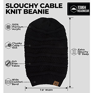 Slouchy Cable Knit Beanie by Tough Headwear - Chunky, Oversized Slouch Beanie Hats for Men & Women - Stay Warm & Stylish - Serious Beanies for Serious Style Black OSFA