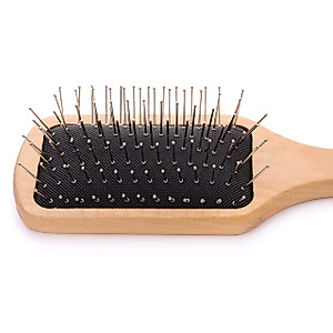 GranNaturals Metal Pin Bristle Hair Brush - Detangling, Anti-Static Paddle Grooming Tool - Rounded Steel Bristles, Ergonomic Wooden Handle - Scalp Massaging Comb - For Normal, Curly, Thick Hair, Wigs