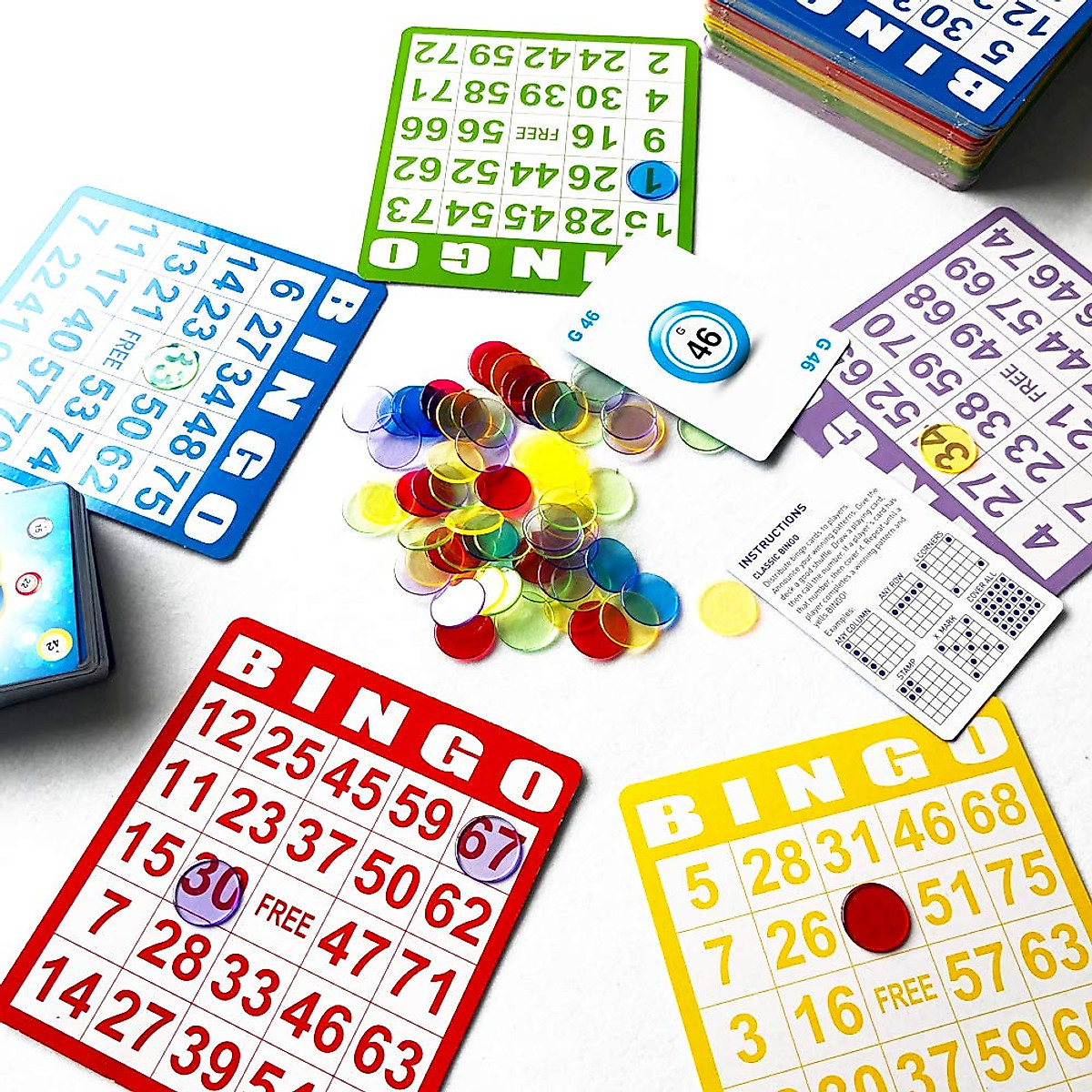 Yuanhe Bingo Cards Game Set - Includes 50 Bingo Cards,500 Colorful Transparent Bingo Chips and Deck of Calling Cards, Great for Adults Kids Family Game Nights, School Classroom Activity, Bingo Parites