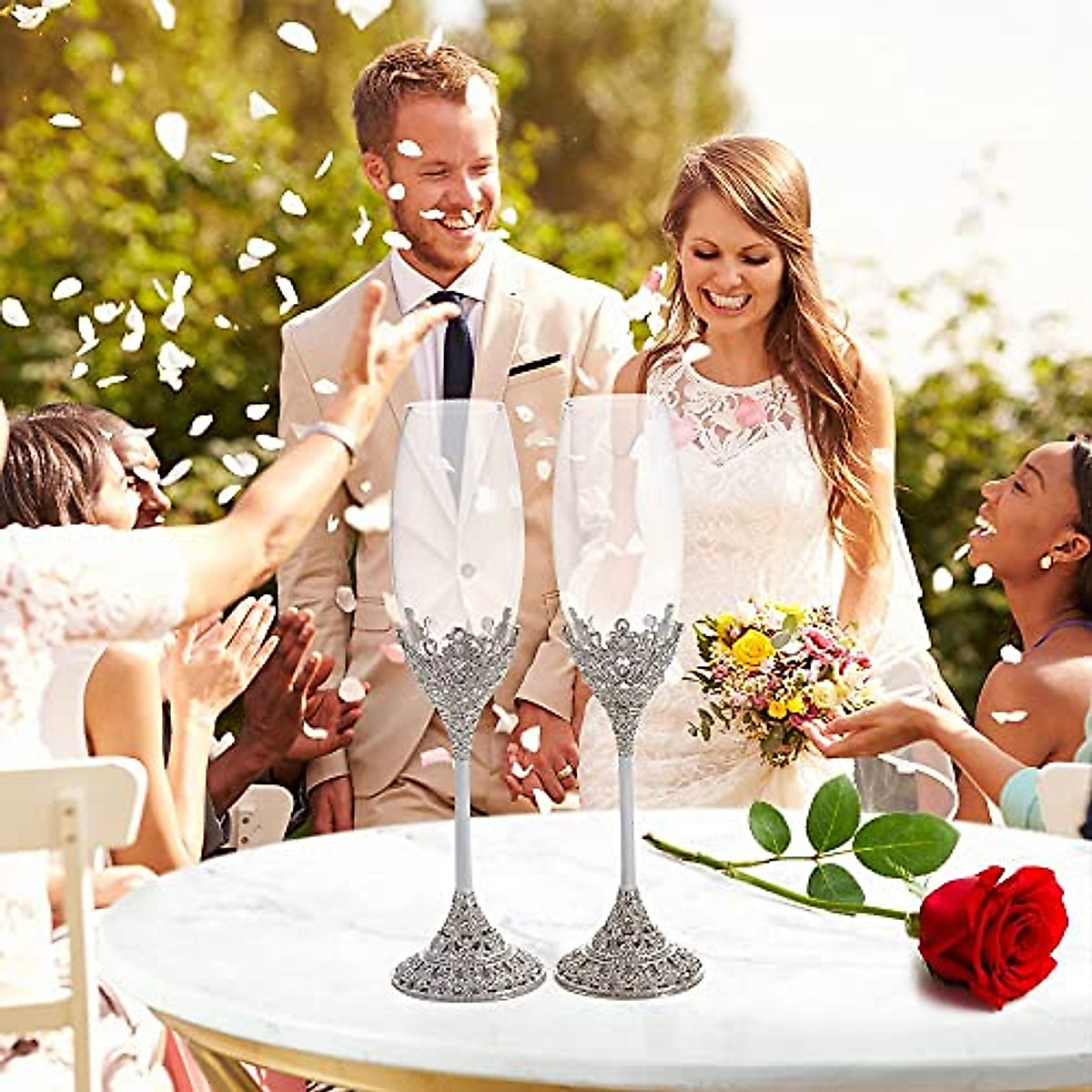 LASODY Crystal Set Champagne Flutes - Wedding Glasses for Bride & Groom - Toasting Cups Gift Sets for Couples - Engagement, Wedding, House Warming Gift