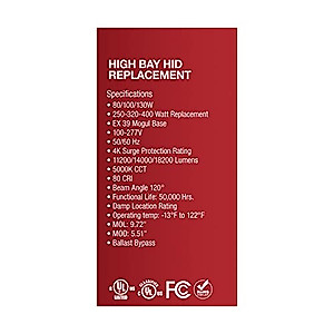 Satco S33115 Hi-Pro LED High Bay Wattage-Selectable HID Replacement Light, White, 80W/100W/130W