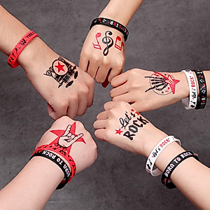 Sinasasspel 36PCS Rock And Roll Stickers Silicone Bracelet Party Favors Born to Rock Decorations Supplies Temporary Stickers For Face Arm Hand Let’s Rock Rubber Wristband 60s 80s Retro Rock Band