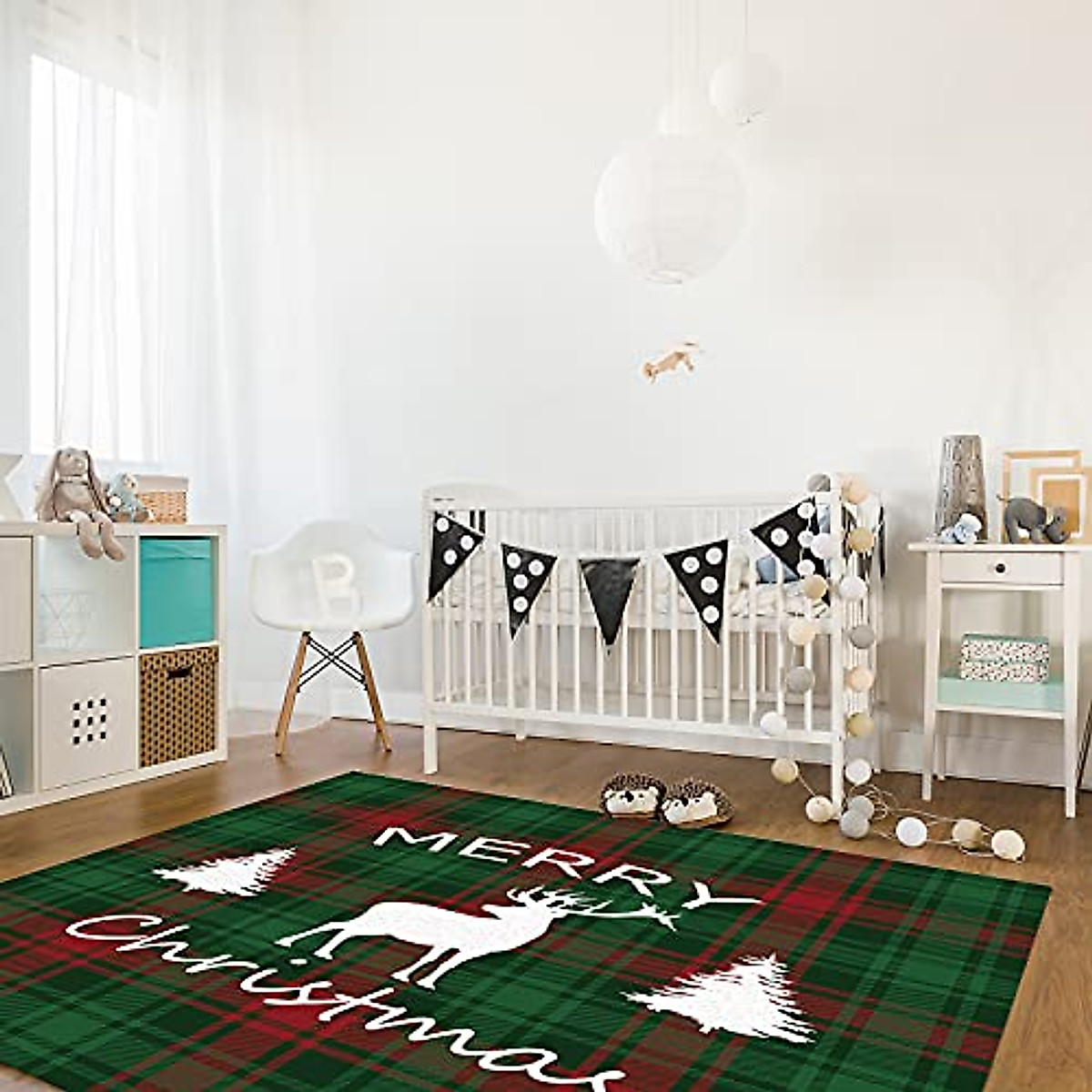 Area Rug Absorbent Non-Slip Rectangle Rug Merry Christmas Elk and Christmas Tree Red and Green Plaid Rugs for Living Room Bedroom Kitchen Entryway, Soft Floor Mat Indoor Carpet Accent Rugs 2x3 Feet