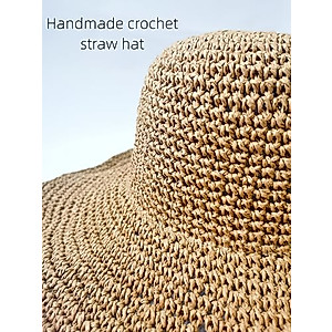 Womens Sun Hats Wide Brim Summer Beach Hat for Women Foldable Travel Fedora Handmade Crochet Straw Hat Packable UPF50+, Khaki