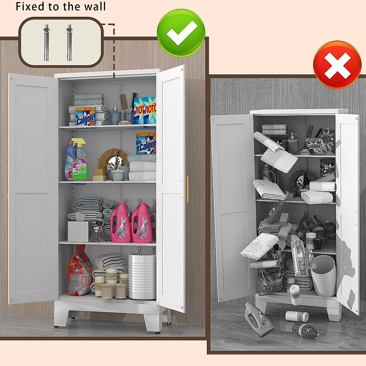 White Metal Pantry Cabinet with 2 Doors and Adjustable Shelves, 61" Kitchen Storage cabinets with Gold Handles, Versatile Storage for Laundry/Living/Dinning Room, Bathroom,Utility Room