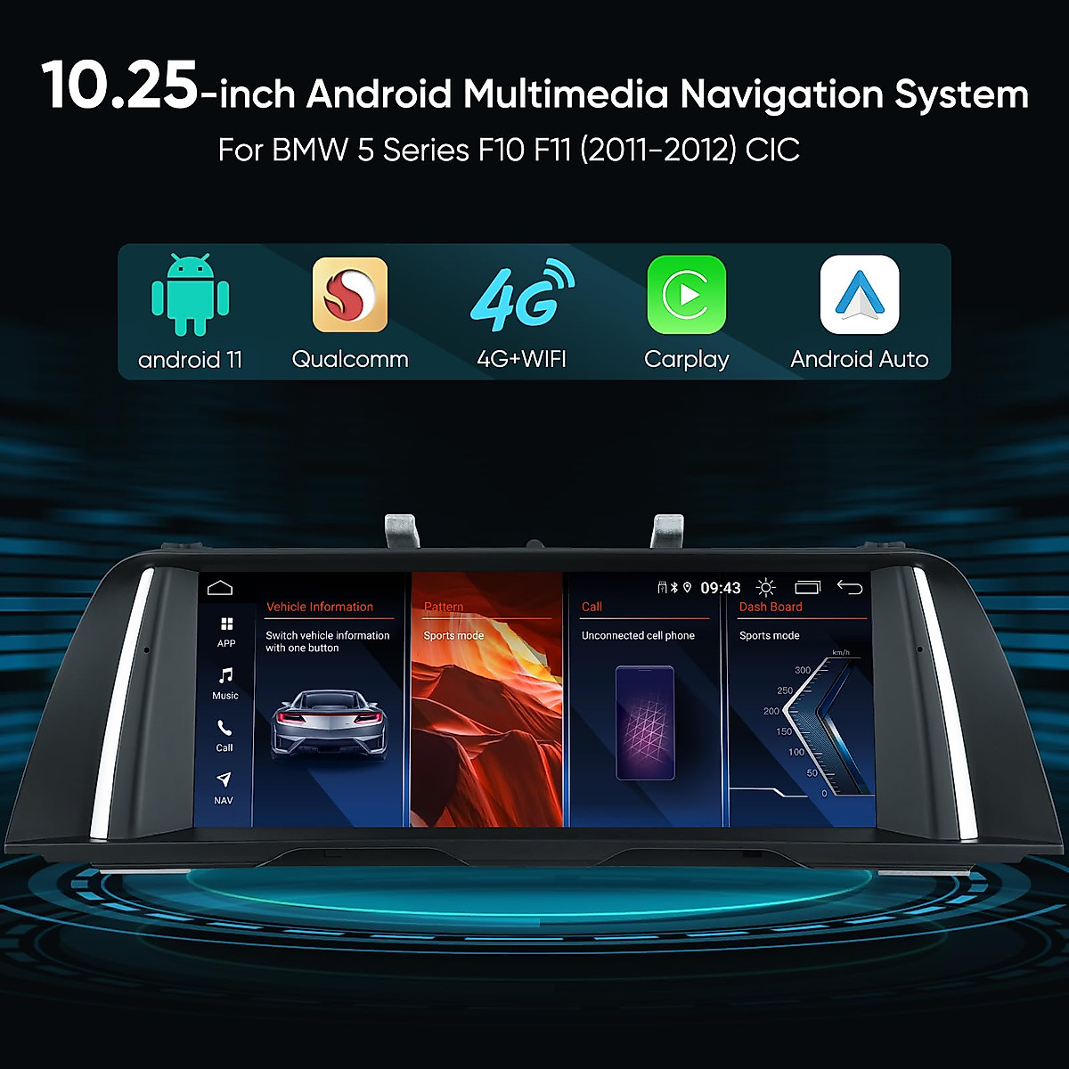 for BMW 5 Series F10 F11 2011-2012 CIC Upgrade Stereo Car Radio Qualcomm 665 (4GB + 64GB) Built-in 4G LTE GPS Navigation Wireless Apple CarPlay Android Auto10.25 inch Touch Screen 1920 x 720