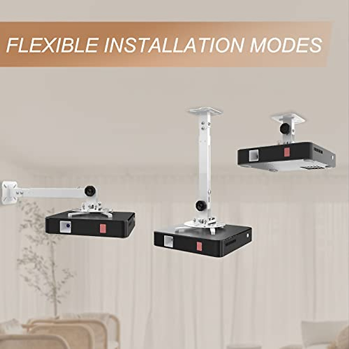 JOY worker Universal Projector Ceiling Mount Wall Bracket Holder Fits Flat or Sloped Ceiling Height Adjustable with Extendable Arms for Home and Office Projector, White