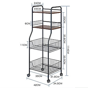 POCHY Multipurpose Kitchen Storage Wagon Rolling Grocery Cart with Metal Mesh Drawers，Wooden Countertop Pulley Storage Trolley Home Office Shelves Black