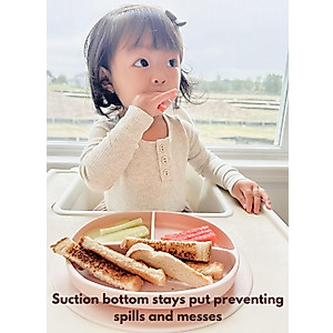 Ullabelle Suction Toddler Plates & Bowls Complete Set w/Spoon- BPA Free 100% Food Grade Silicone- Microwave & Dishwasher Safe Baby Suction Plate, Suction Bowl w/Lid, & Spoon- (Pink)