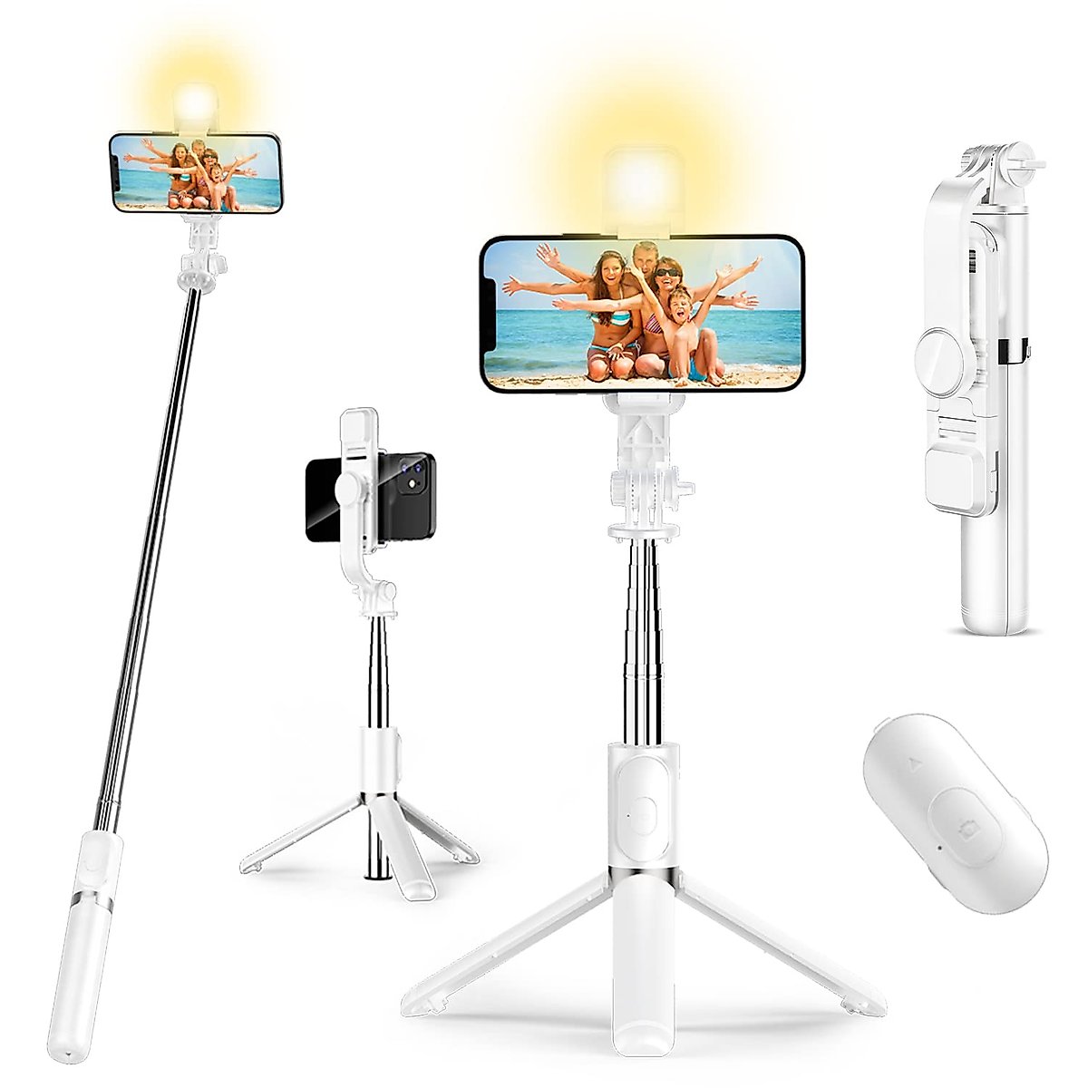 Ambertronix 40" Lighted Selfie Stick Tripod, Removable Bluetooth Remote, 3 Light Modes, 6 Brightness Levels, Lightweight, Portable, Compatible with All iPhone & Android Devices, White (2022Upgrade)
