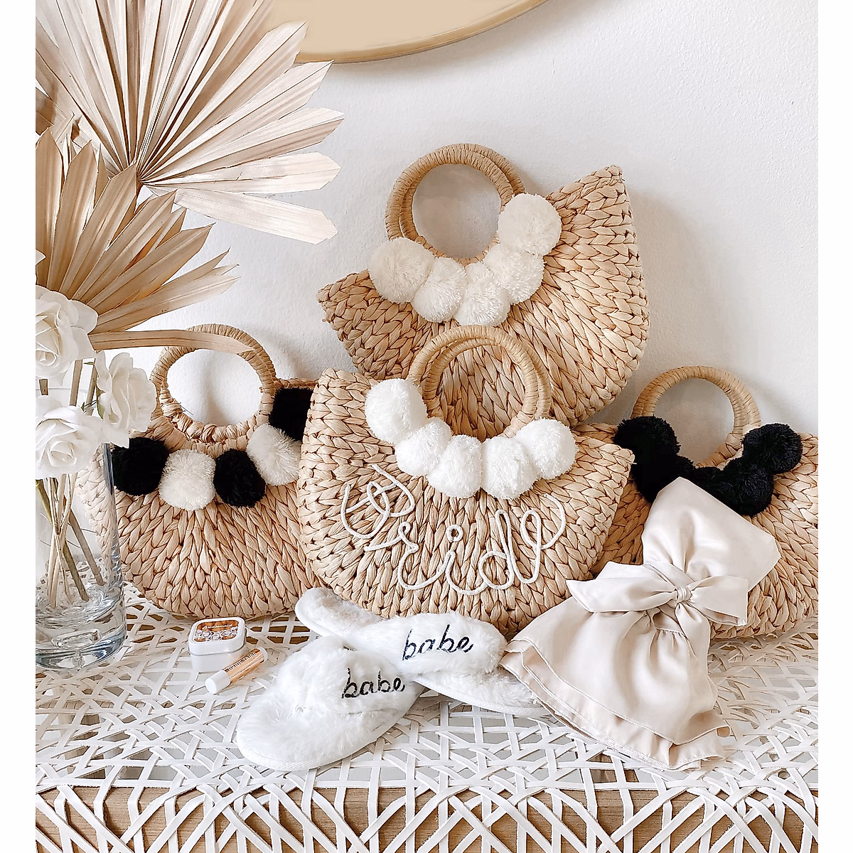 ModParty Boho Chic Straw Bag with Pom Poms Hand-Woven Sound Handle Purse Summer Beach Bag for Women (White Pom Poms)