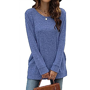 LERUCCI Women's Casual Loose Fall Sweatshirt Long Sleeve Crewneck Pullover Side Split Tunic Tops With Pockets Blue XL