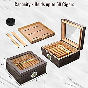 Flauno Desktop Cigar Humidor, Cedar Wood Humidor Cigar Box with Digital Hygrometer, Humidifier, Tray and Dividers, Holds 25-50 Cigars, Walnut Finish