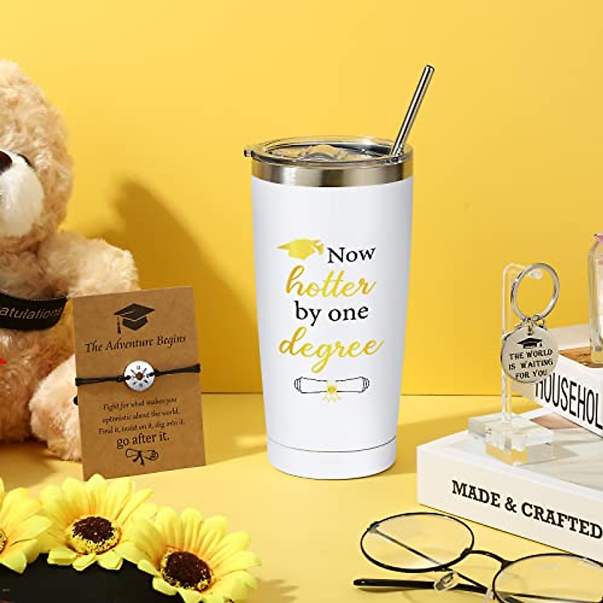 Karenhi 3 Pcs Graduation Gift Set Includes Class of 2023 Stainless Steel Tumbler with Lid, Straw Graduation Gift Keychain Graduation Bracelet Set Adjustable Compass Bracelet for School (Now Hotter)