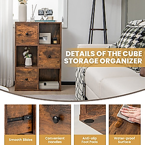 IFANNY 6 Cube Bookcase, 3 Tier Bookshelf with Drawers, Wood Storage Shelves, Modern Display Shelf, Cubical Book Cases, Small Book Shelf for Bedroom, Living Room, Home Office (Rustic Brown)