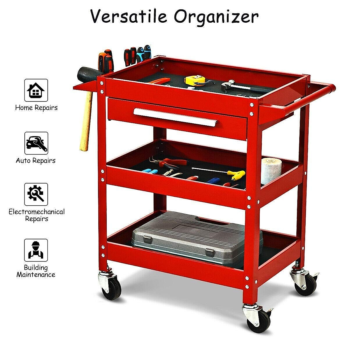 ERGOMASTER Metal Service Utility Cart with Wheels - 500LBS Tool Cart Heavy Duty Rolling 3-Tier Storage Organizer, for Garage Industrial Cart (Red)